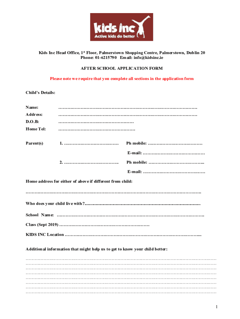 Fillable Online Kids Inc Head Office, 1st Floor, Palmerstown Shopping ...