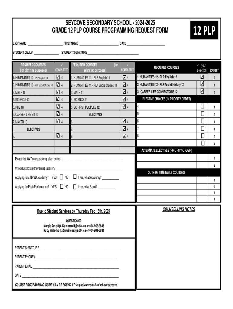 Fillable Online GRADE 12 PLP COURSE PROGRAMMING REQUEST FORM Fax Email ...