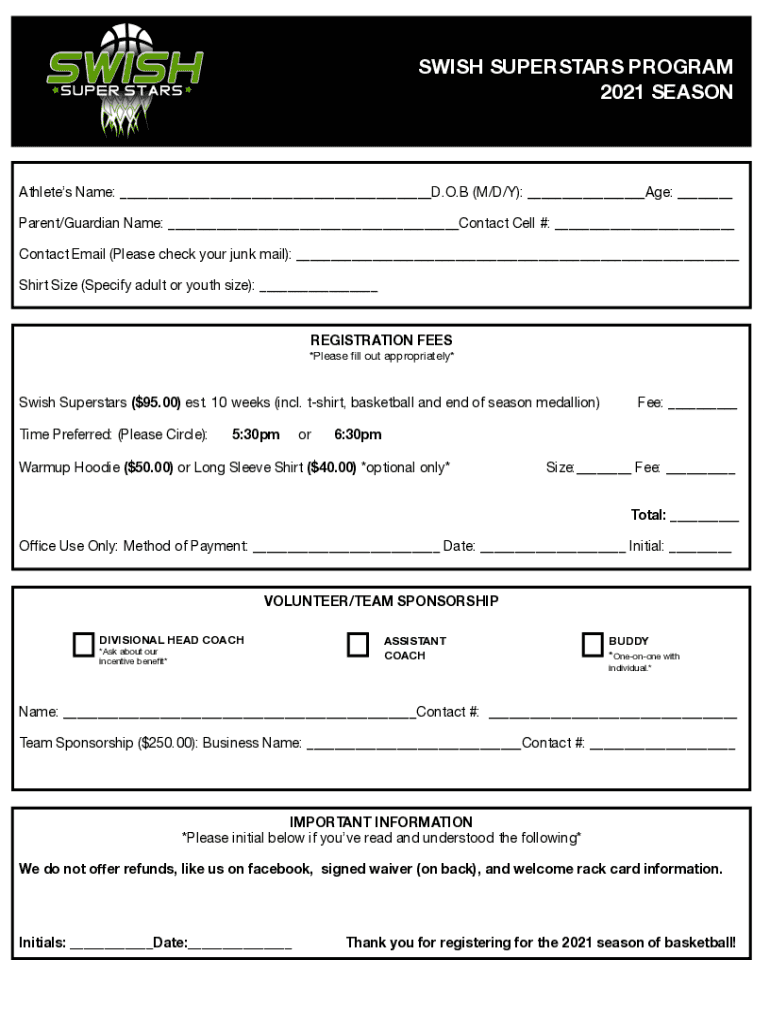 Fillable Online Swish Superstars Form 2021 Fax Email Print - pdfFiller