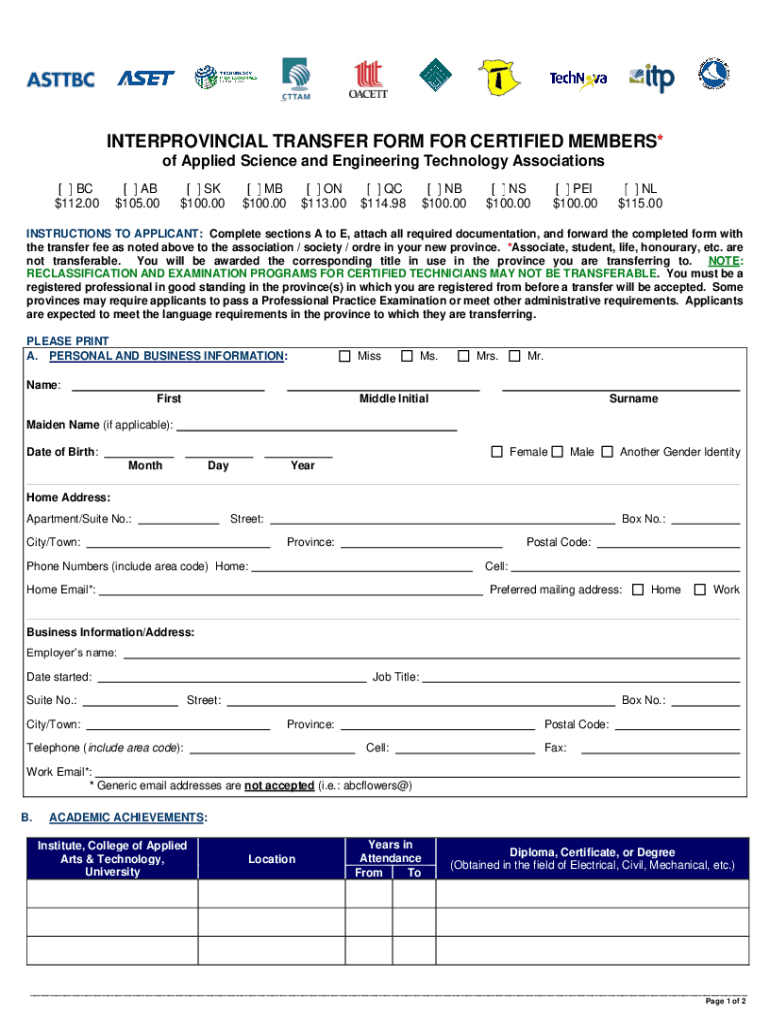 Fillable Online INTERPROVINCIAL TRANSFER FORM FOR CERTIFIED ... Fax ...