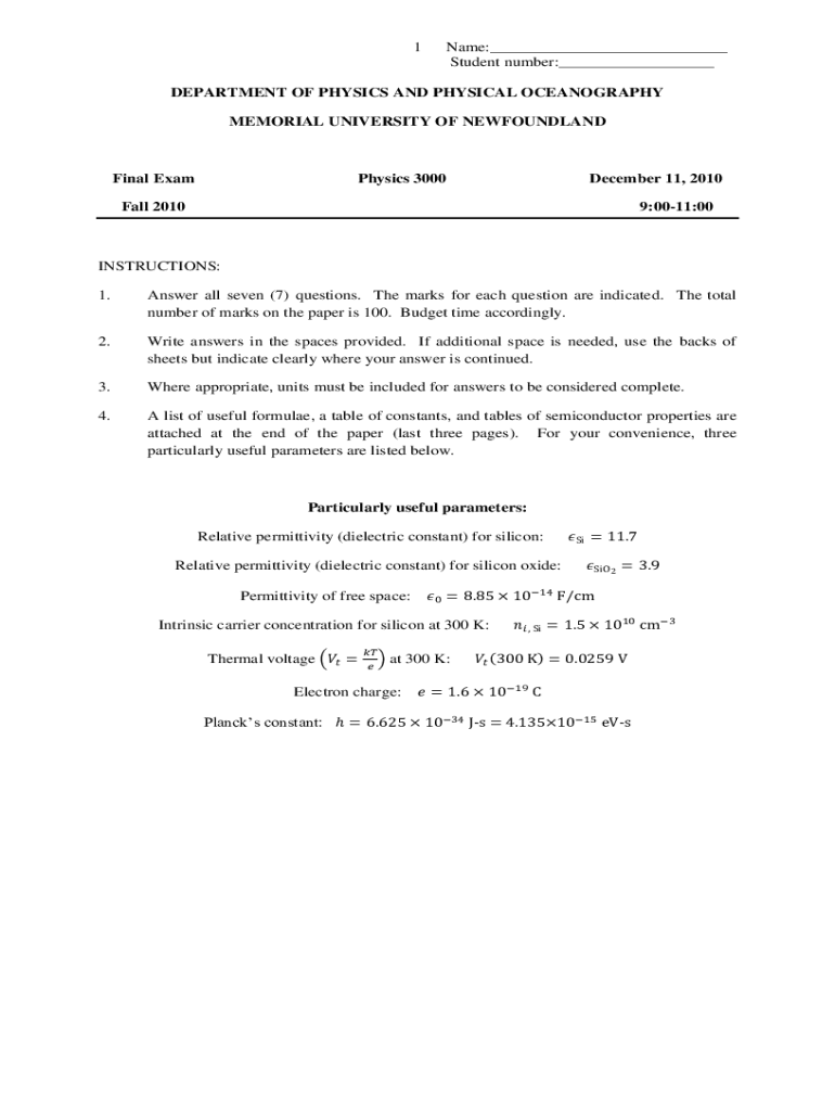 Fillable Online Sample Physics Final Exams Fax Email Print - pdfFiller