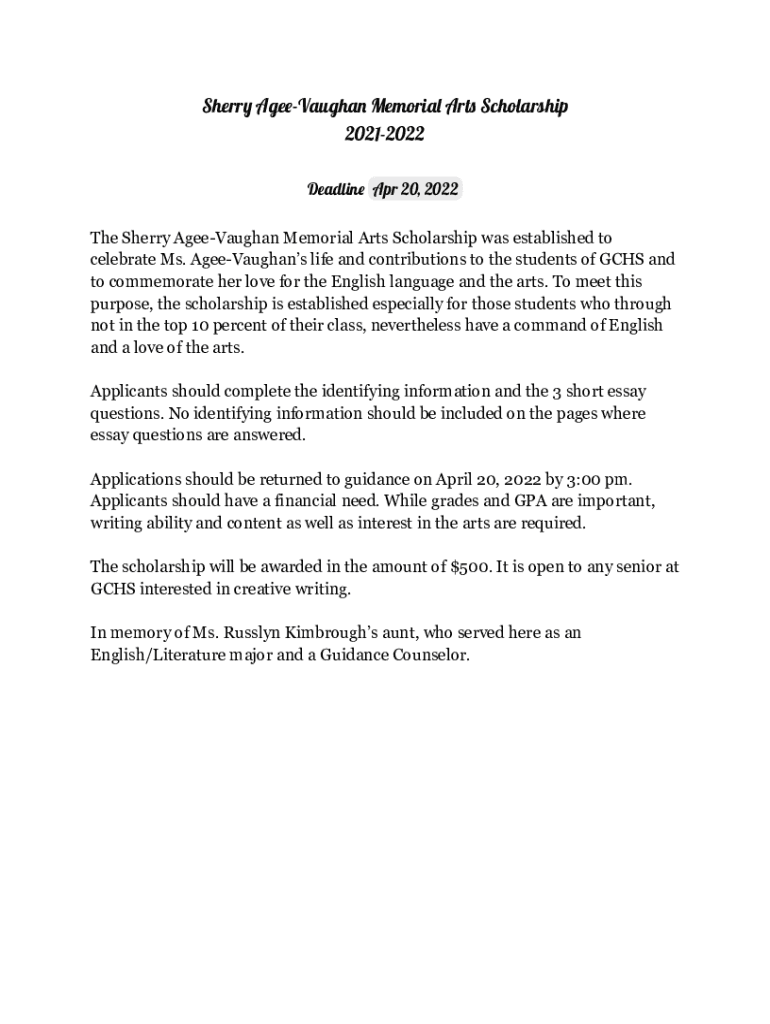 Fillable Online Sherry Agee Vaughan Scholarship Fax Email Print - pdfFiller