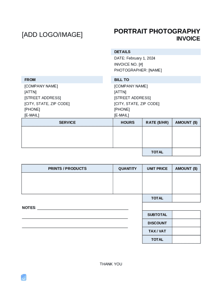 Portrait Photography Invoice Template Doc Template | pdfFiller