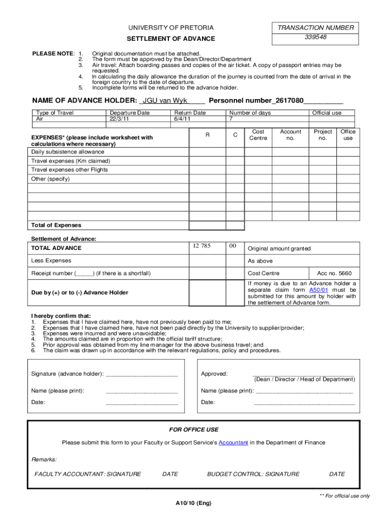 Fillable Online Settlement of Advance Form Fax Email Print - pdfFiller