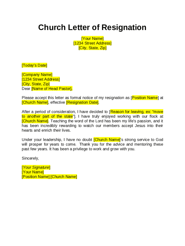 Pastor resignation letter template Doc Template | pdfFiller