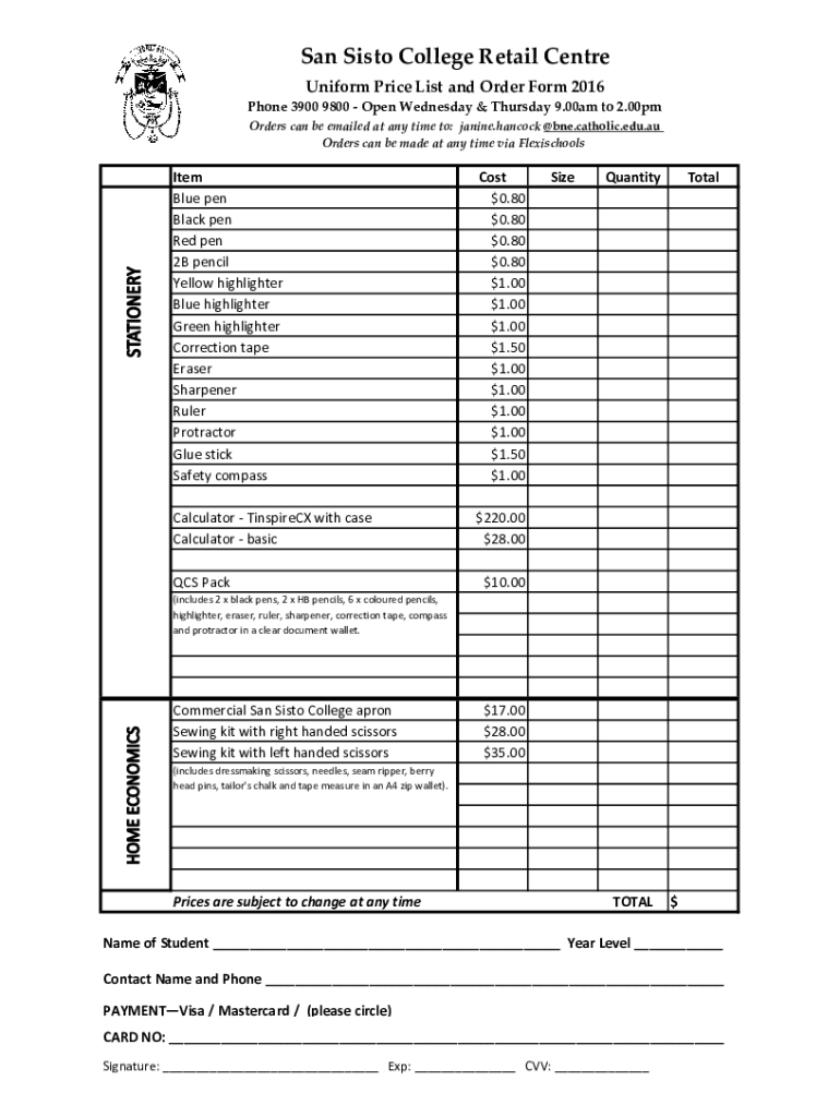 Fillable Online Uniform Shop Order Form 2018Mar.xlsx Fax Email Print ...