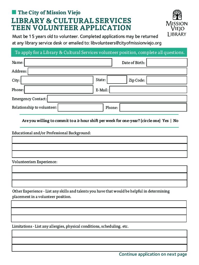 Fillable Online Library & Cultural Services Teen Volunteer Application ...