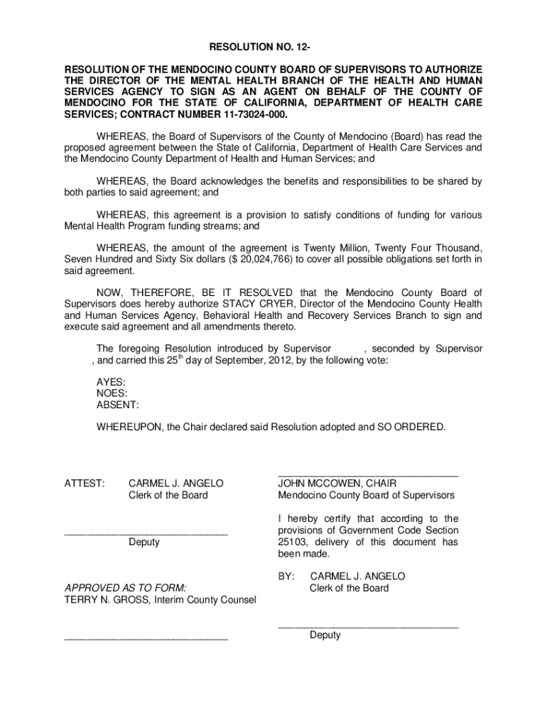 Fillable Online 12RESOLUTION OF THE MENDOCINO COUNTY BOARD OF ...
