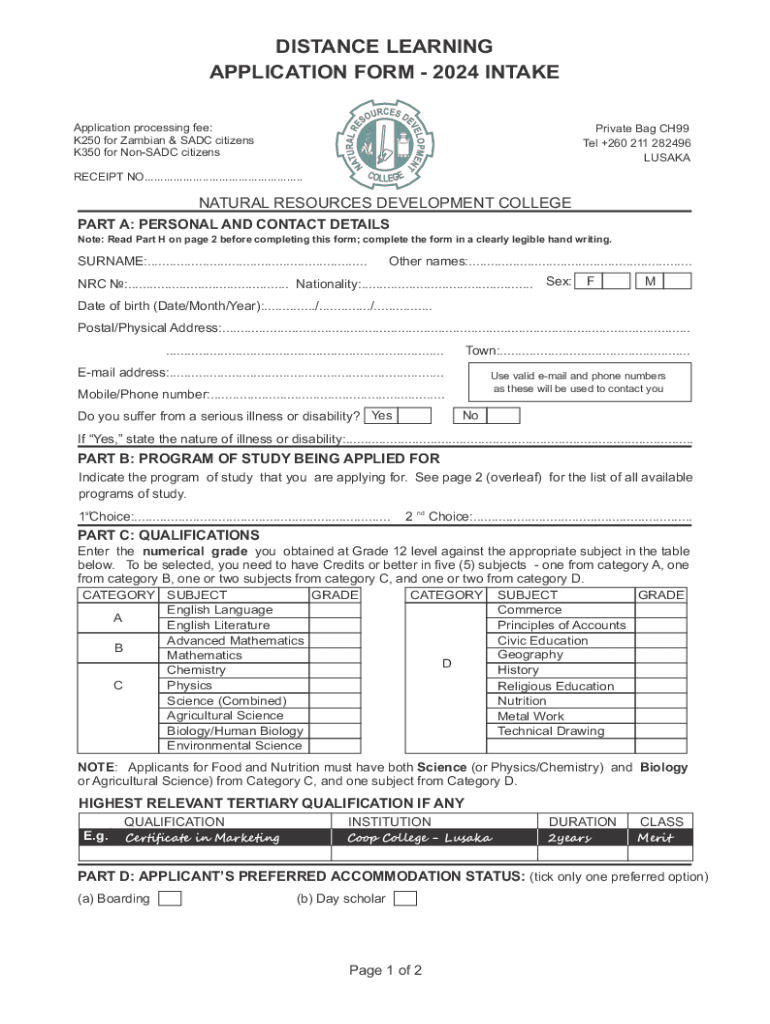 Fillable Online DISTANCE LEARNING APPLICATION FORM - 2024 INTAKE Fax ...