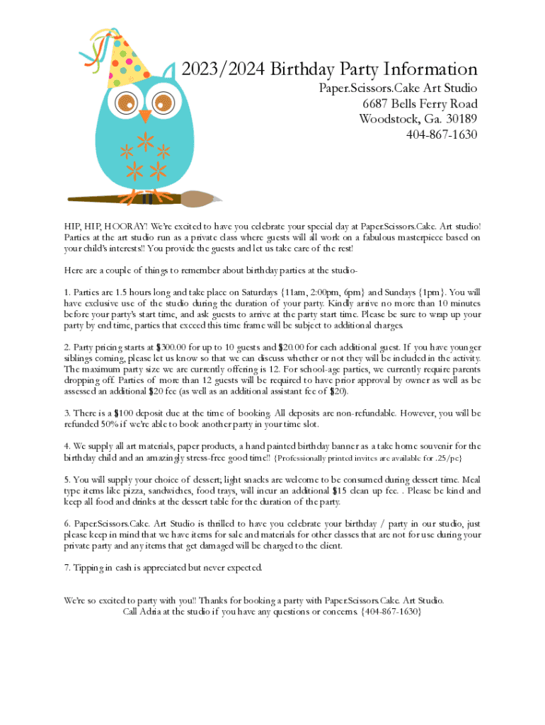 Fillable Online Birthday Party Information - Paper.Scissors.Cake Art ...