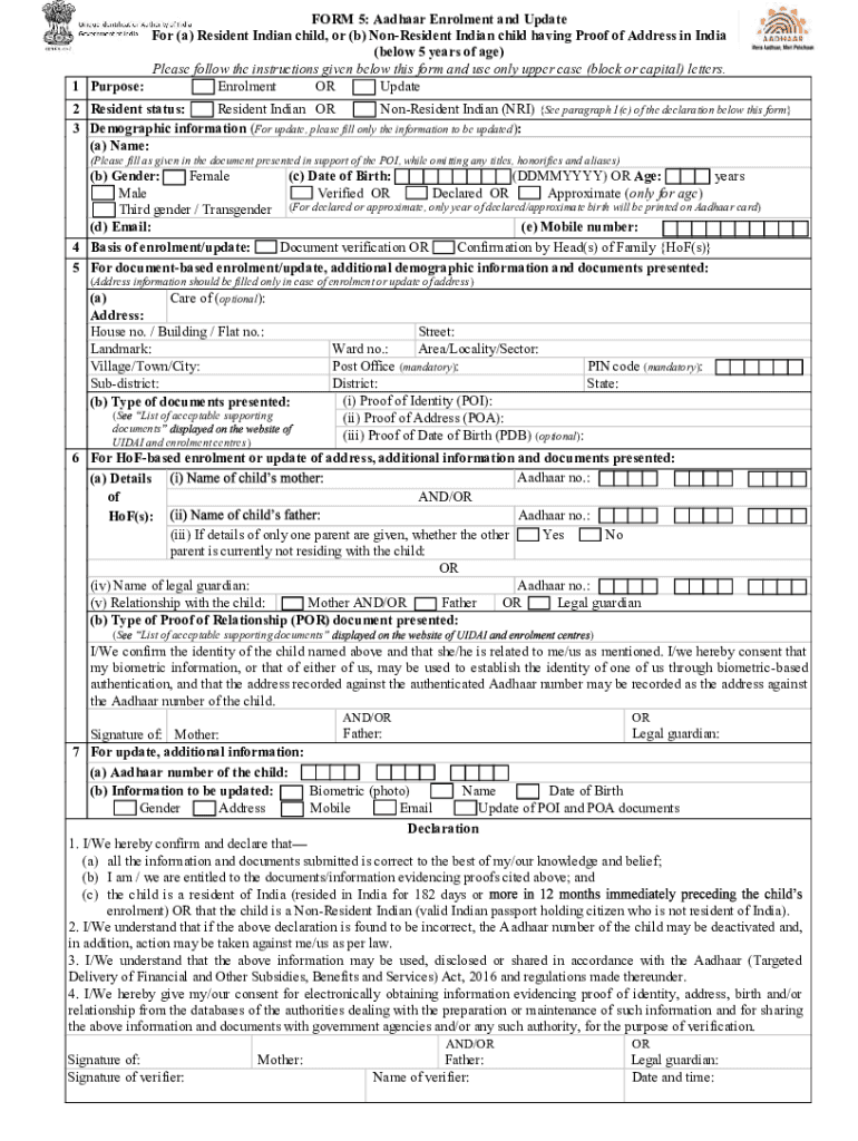 Fillable Online FORM 5: Aadhaar Enrolment and Update For (a) Resident Indian ... Fax Email Print ...