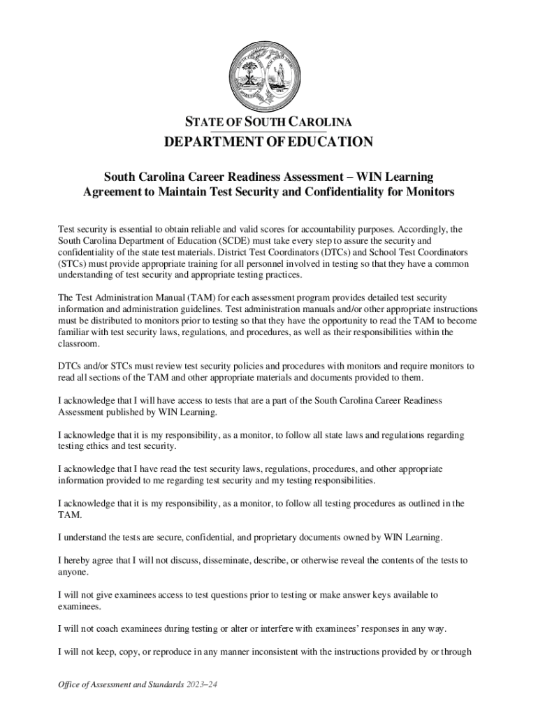 Fillable Online ed sc SC Career Readiness Assessment Test Security ...