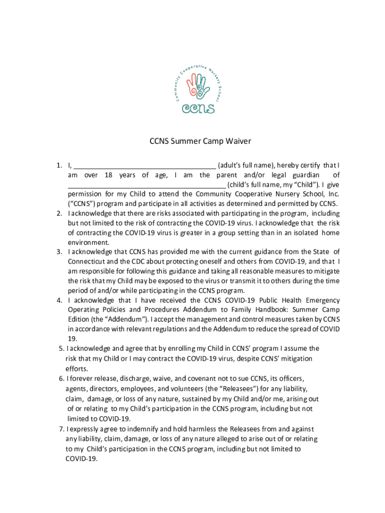 Fillable Online CCNS Summer Camp Waiver Fax Email Print - pdfFiller