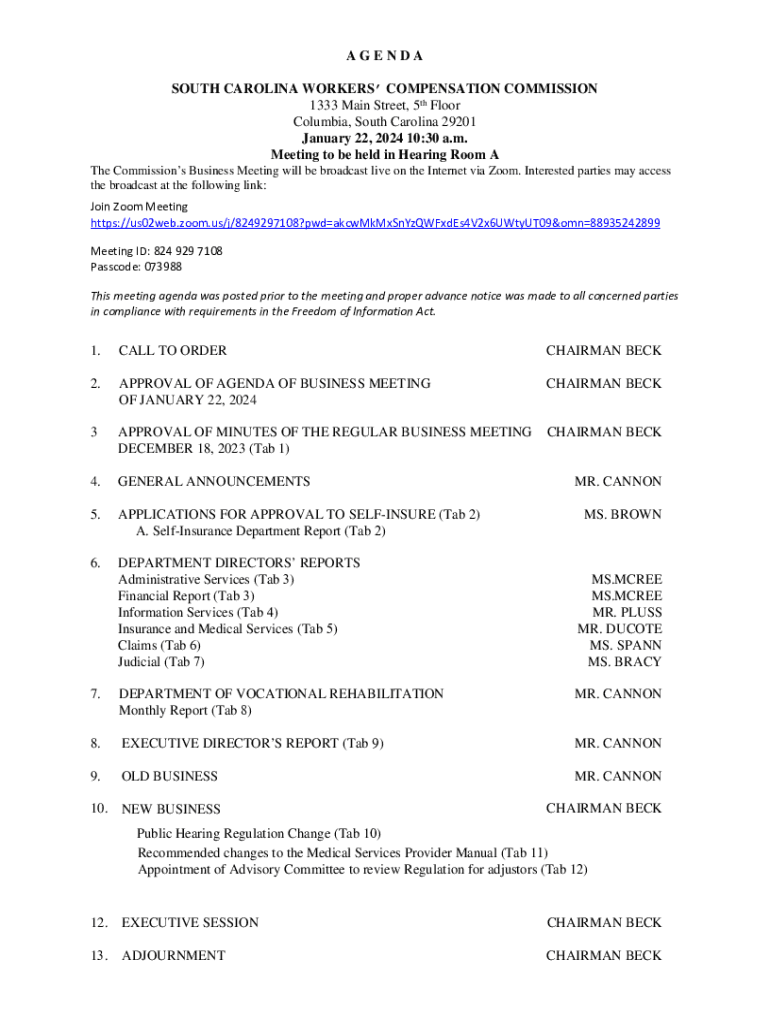 Fillable Online A G E N D A SOUTH CAROLINA WORKERS' COMPENSATION ...