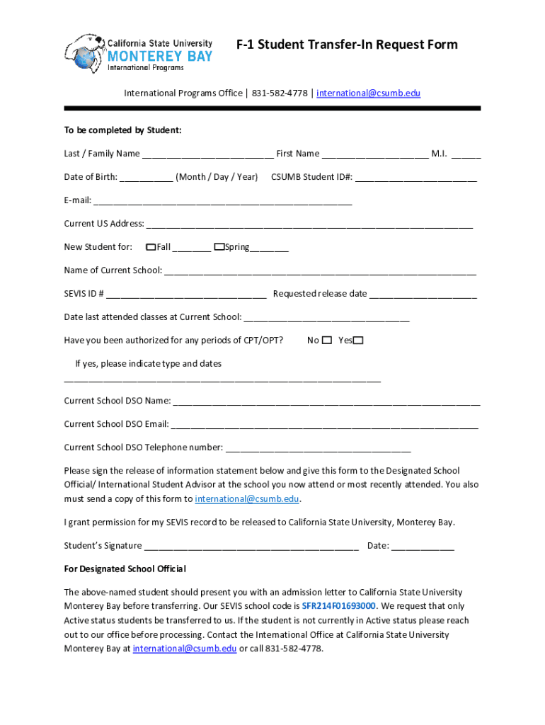 Fillable Online F-1 International Student Transfer Form - Folsom Lake ...