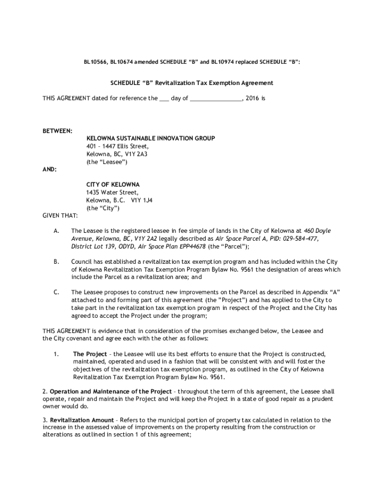 Fillable Online SCHEDULE B Revitalization Tax Exemption Agreement THIS ...