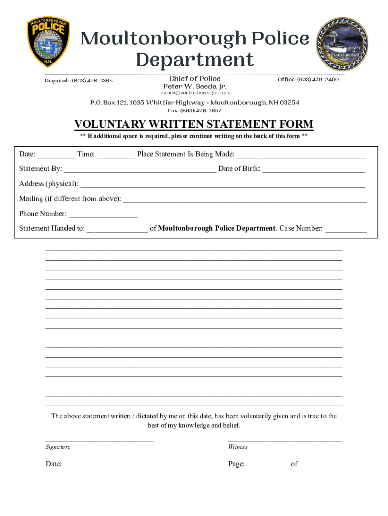 Fillable Online VOLUNTARY WRITTEN STATEMENT FORM Moultonborough, NH Fax ...