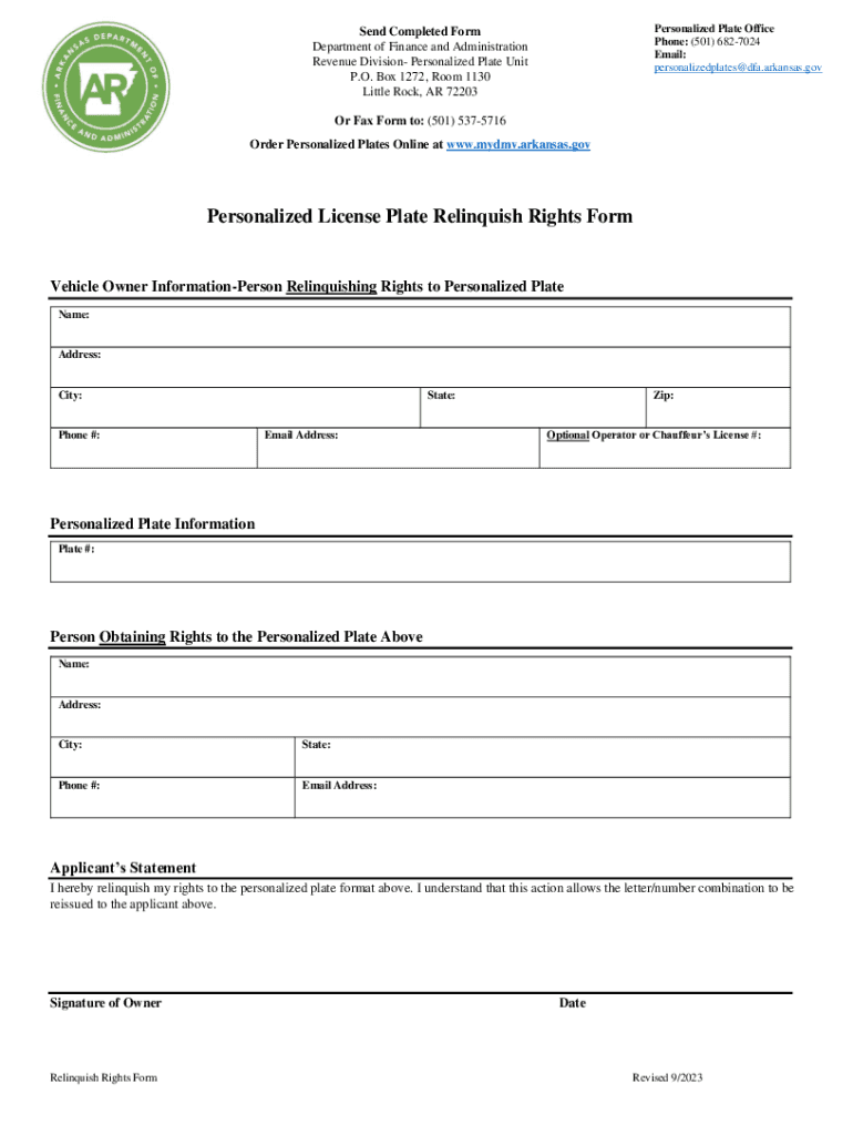 Fillable Online Personalized License Plate Relinquish Rights Form Fax ...