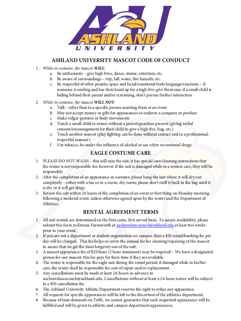 Fillable Online ashland university mascot code of conduct Fax Email ...