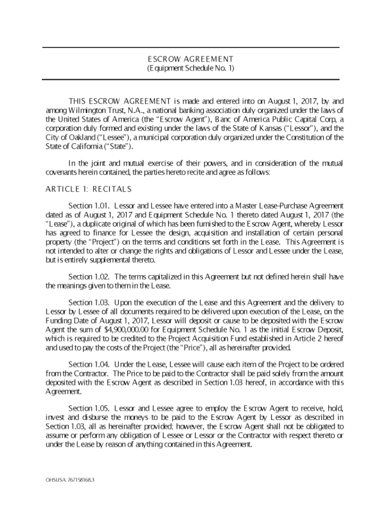 Fillable Online ESCROW AGREEMENT (Equipment Schedule No. 1) Fax Email Print - pdfFiller