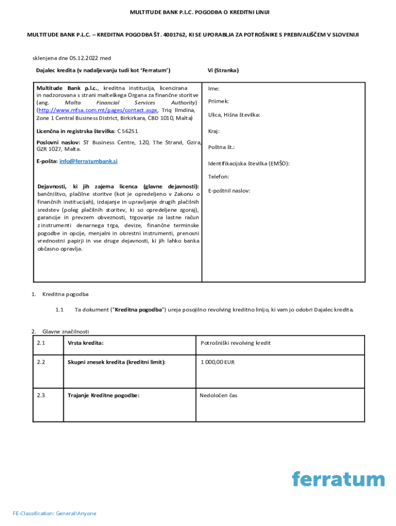 Fillable Online multitude bank plc pogodba o kreditni liniji Fax Email ...