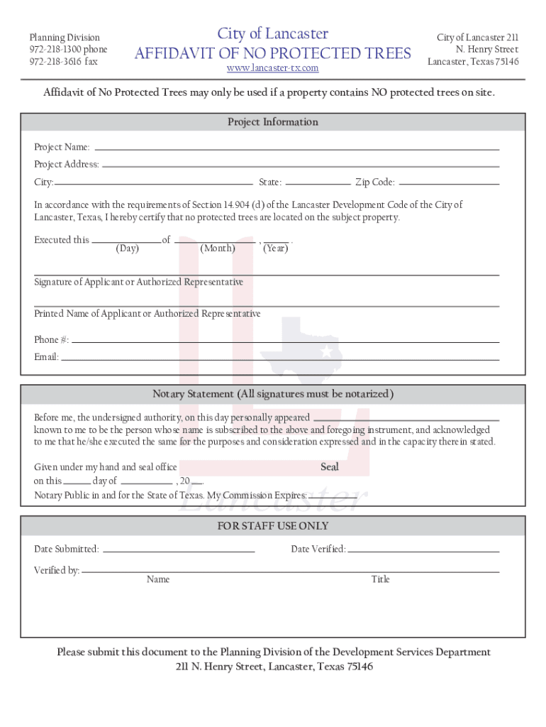 Fillable Online City of Lancaster AFFIDAVIT OF NO PROTECTED TREES Fax Email Print - pdfFiller