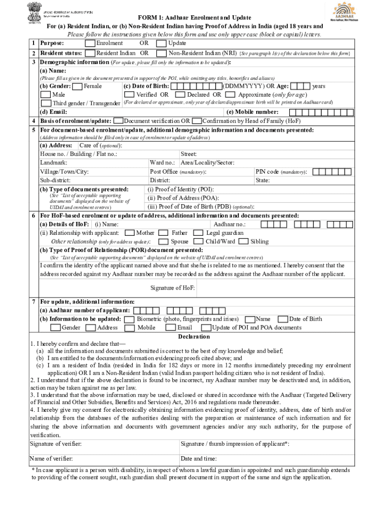 Aadhaar Form 1 - Fill Online, Printable, Fillable, Blank | pdfFiller