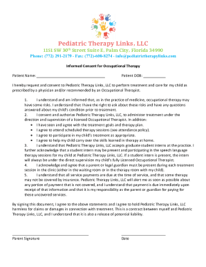 Fillable Online Informed Consent for Occupational Therapy - Pediatric ...