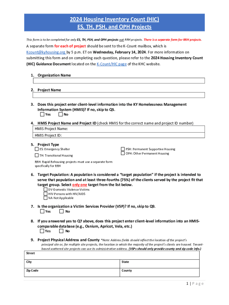 Fillable Online 2024 Housing Inventory Count (HIC) ES, TH, PSH, and OPH Projects Fax Email Print ...