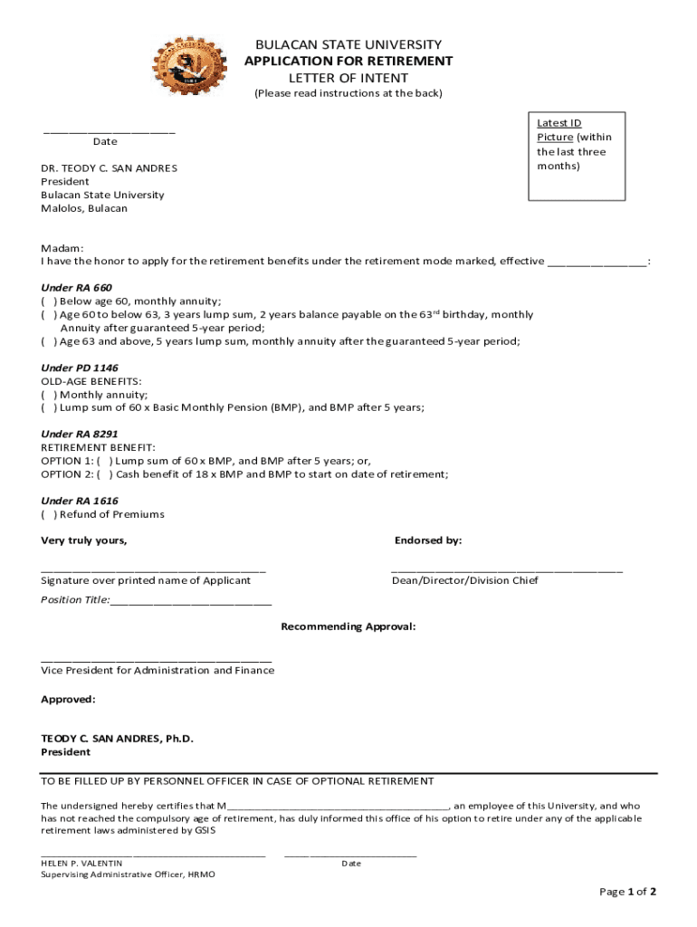 Fillable Online BULACAN STATE UNIVERSITY APPLICATION FOR RETIREMENT ...