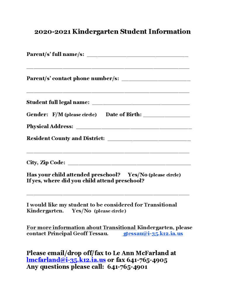 Fillable Online Kindergarten sign up sheet Fax Email Print - pdfFiller