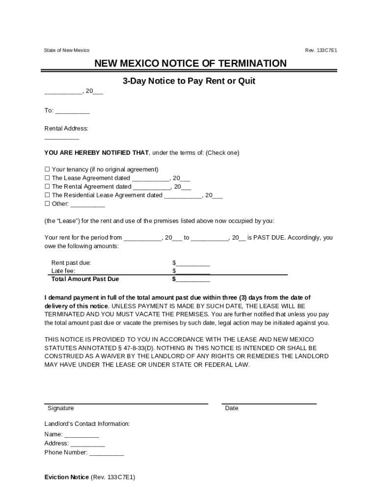 New Mexico 3-Day Notice to Quit Non-Payment of Rent Doc Template | pdfFiller