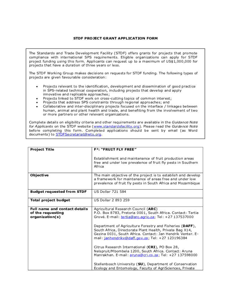 Fillable Online STDF PROJECT GRANT APPLICATION FORM Project Title F ... Fax Email Print - pdfFiller