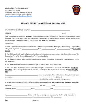 Fillable Online Wallingford Fire Department TENANT'S CONSENT to INSPECT ...