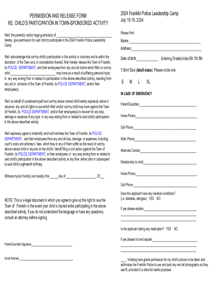 Fillable Online permission and release form re: child's participation ...