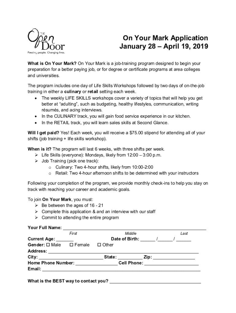 Fillable Online On Your Mark Application January 28April 19 ... - The ...