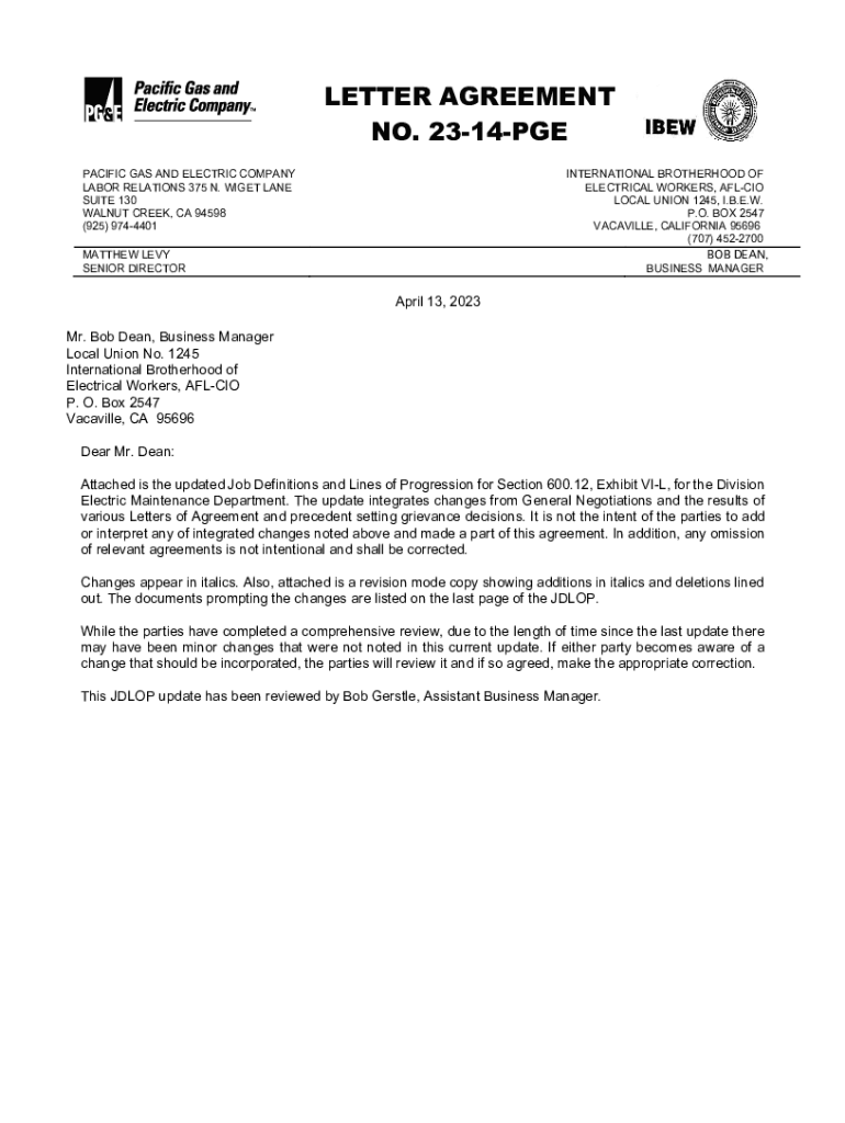 Fillable Online LETTER AGREEMENT NO. R1-23-11-PGE Fax Email Print ...