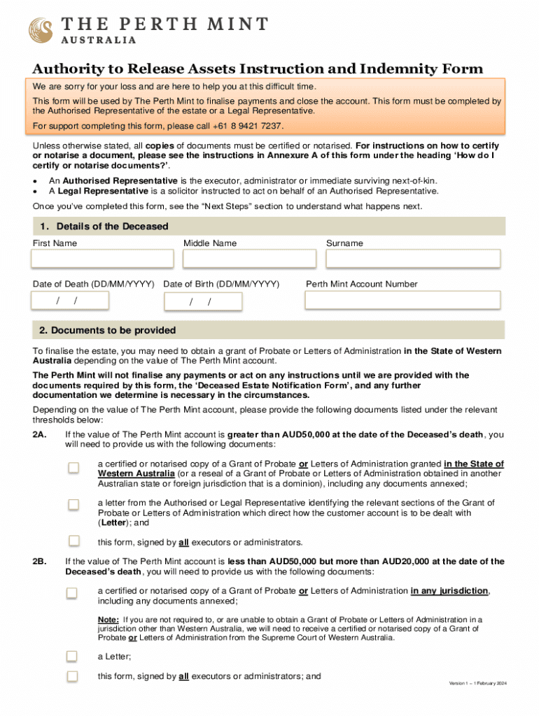 Fillable Online Authority to Release Assets Instruction and Indemnity ...