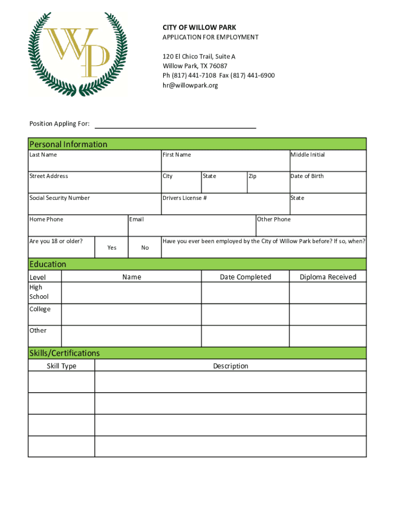 Fillable Online Willow Park Employment Application Fax Email Print ...