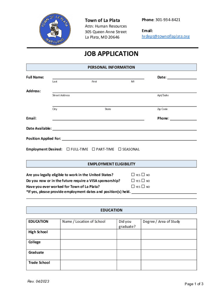 Fillable Online Employment Opportunity: Public Works... - Town of La ...