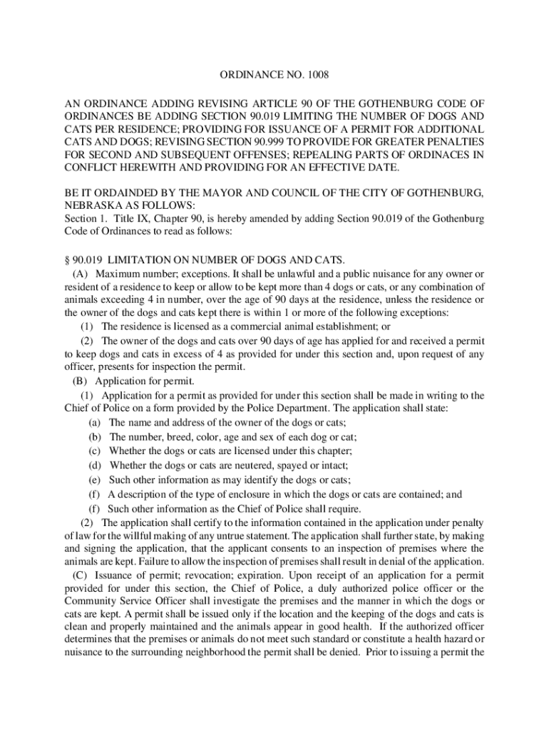 Fillable Online ci gothenburg ne ordinance no. 1008 - City of ...