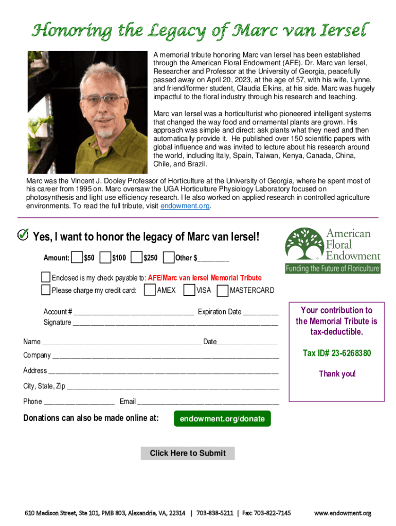 Fillable Online Memorial Tribute Established in Memory of Marc van ...