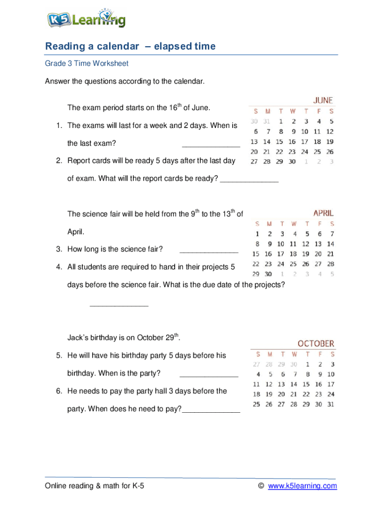 Fillable Online Grade 3 Calendar Worksheet: Elapsed time on a calendar ...