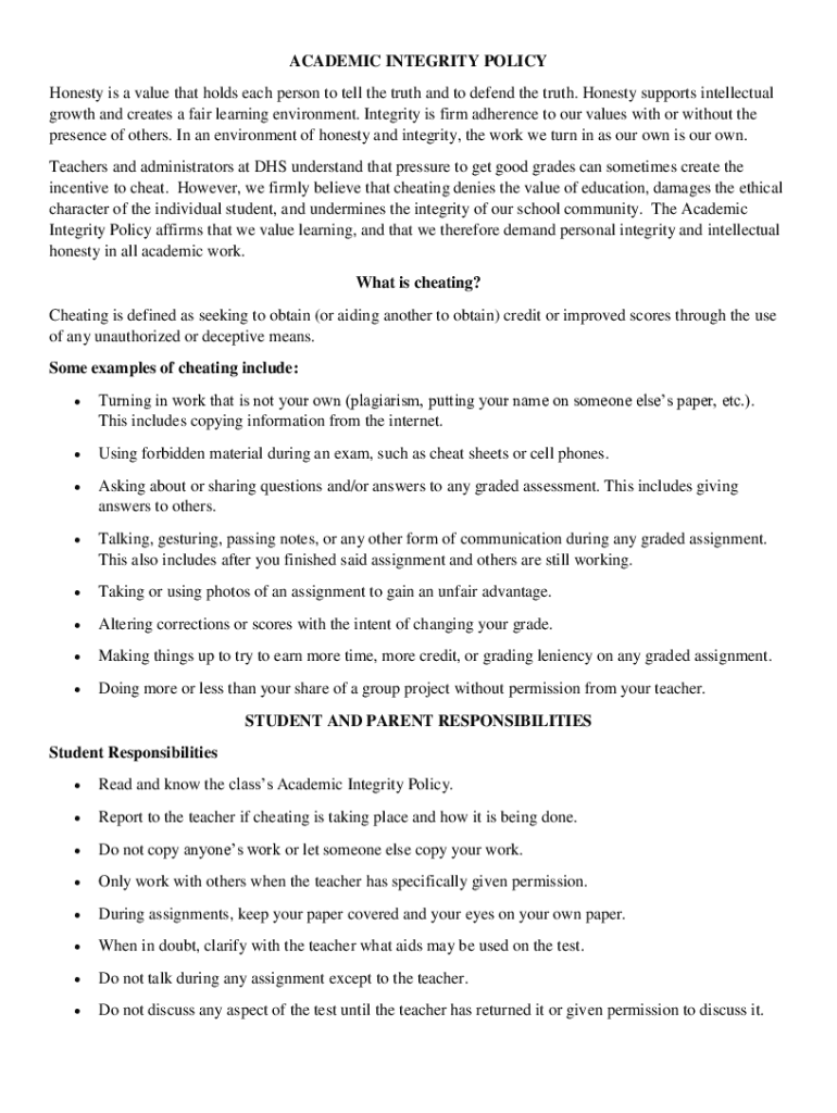 Fillable Online ACADEMIC INTEGRITY POLICY Honesty is a value that ...