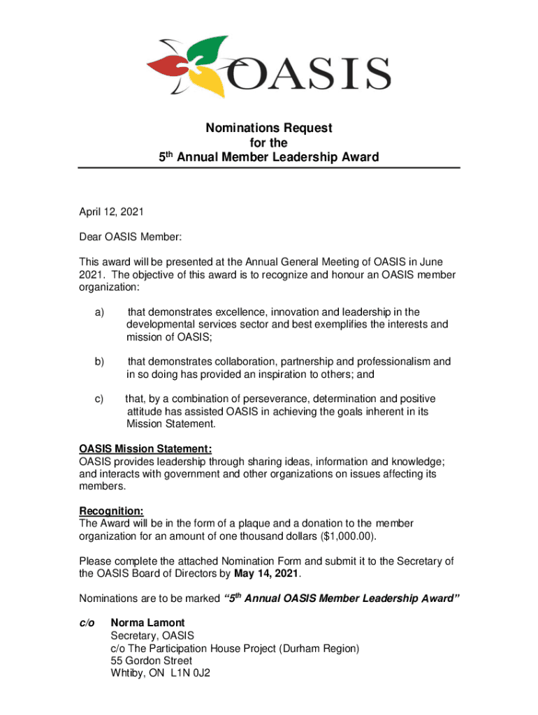 Fillable Online Call for Nominations: Annual OASIS Member Leadership ... Fax Email Print - pdfFiller