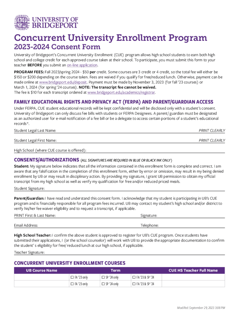 Fillable Online Concurrent University Enrollment Program - 2023-2024 Consent Form Fax Email ...