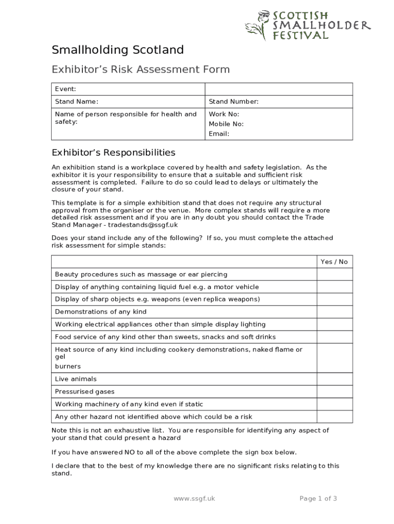 Scottish Smallholder Festival Risk Assessment Doc Template | pdfFiller