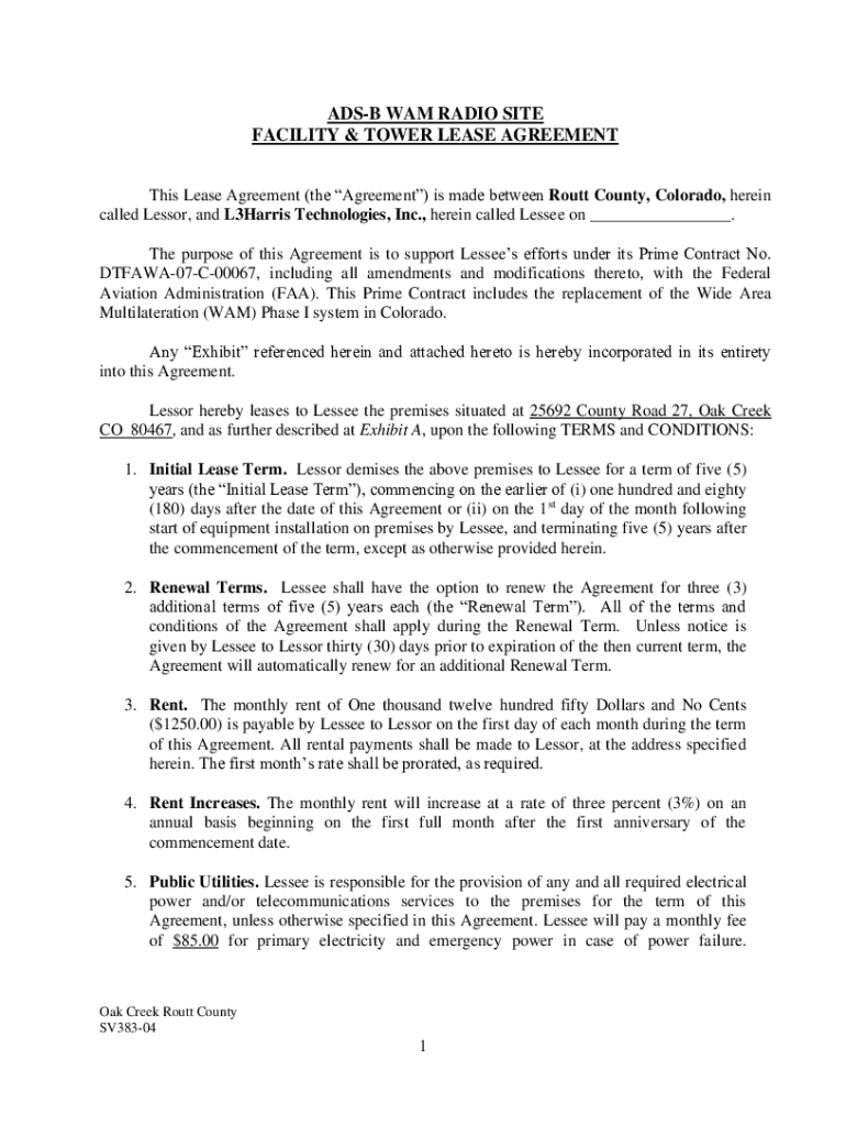 Fillable Online ADS-B WAM RADIO SITE FACILITY & TOWER LEASE AGREEMENT Fax Email Print - pdfFiller