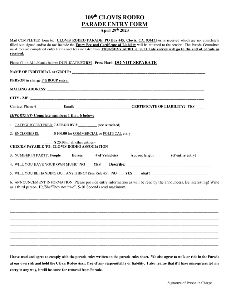 Fillable Online Get the free 103rd CLOVIS RODEO PARADE ENTRY FORM Fax ...