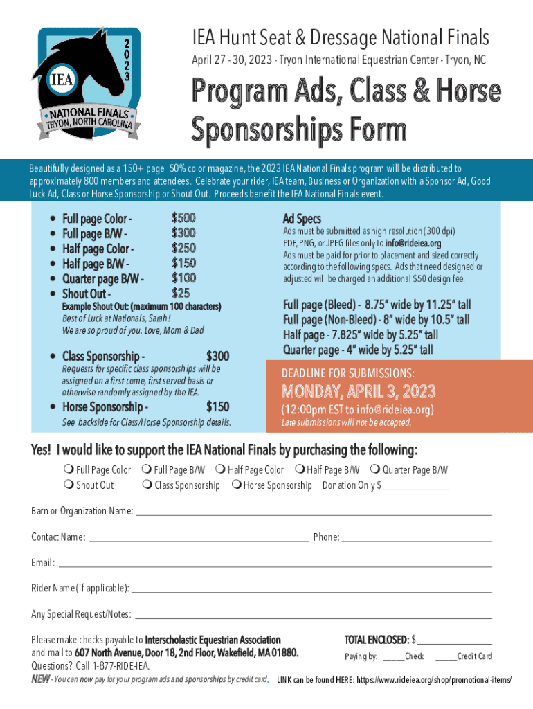 Fillable Online Program Ads, Class & Horse Sponsorships Form Fax Email ...